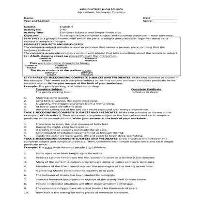 Complete Subjects And Predicates | PPTX