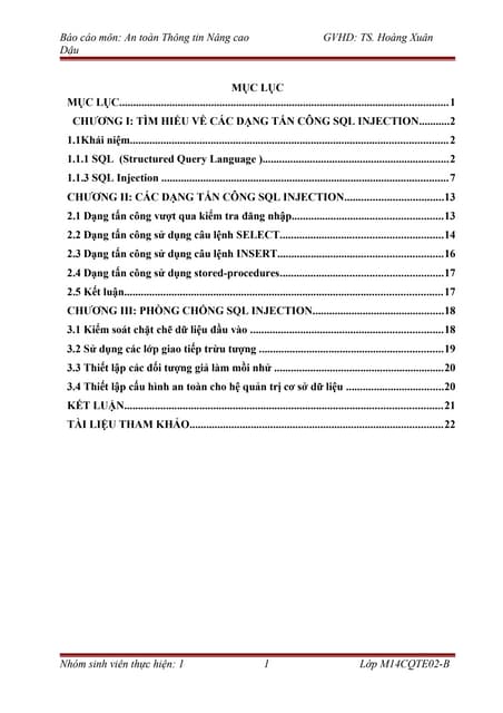 Đồ án thực tập cơ sở các kĩ thuật tấn công SQL injection và cách phòng ...