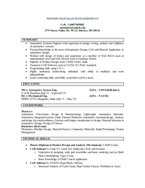 Experienced cae (FEA) Engineer Resume | DOCX