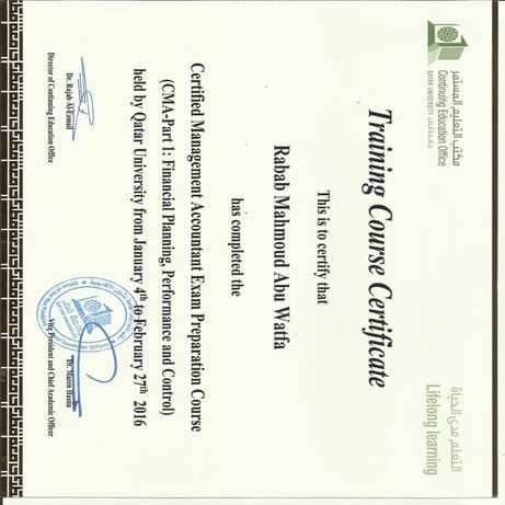 Training course certificate -CMA Part 1 | PDF