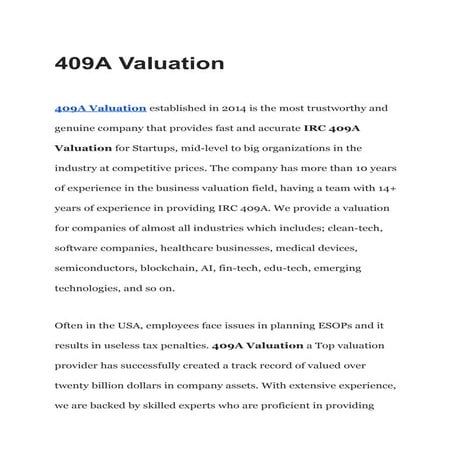 409A Valuation a Top valuation - Valadvisor Valuation | PDF