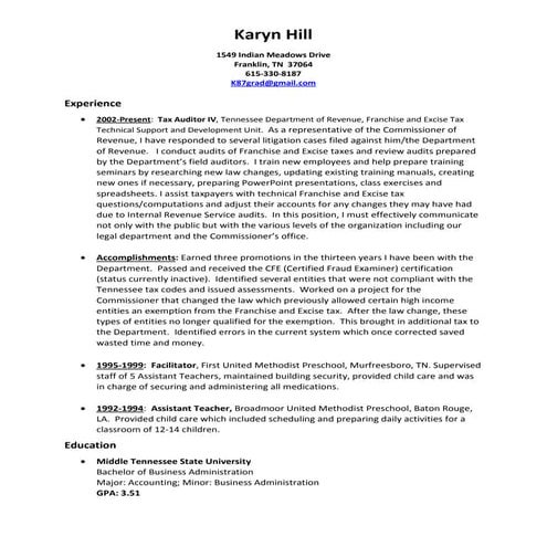 Karyn Hill Resume | PDF | Daycare and Pre-School | Parenting