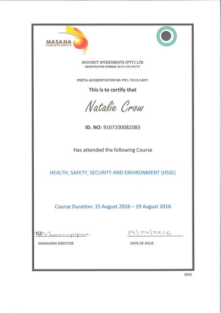 Natalie Crow OHS & Legal Liability Certificate | PDF