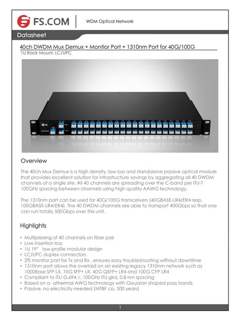 40ch DWDM Mux Demux + Monitor Port, 1U Rack Mount | PDF