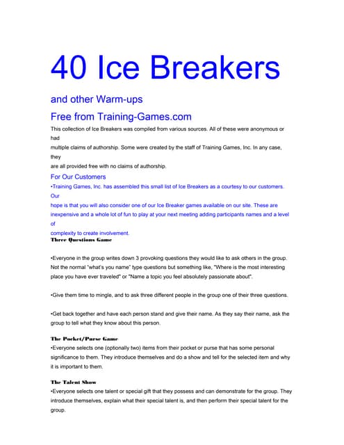 My Top 21 Icebreakers and Meeting exercises | PDF