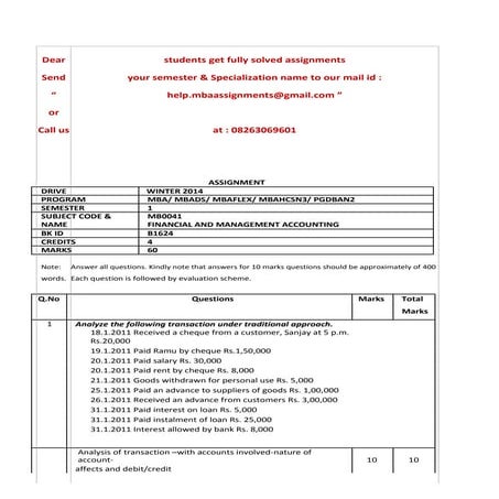 Mb0041 financial and management accounting-SMU Solved MBA semester 1 Assignment | PDF