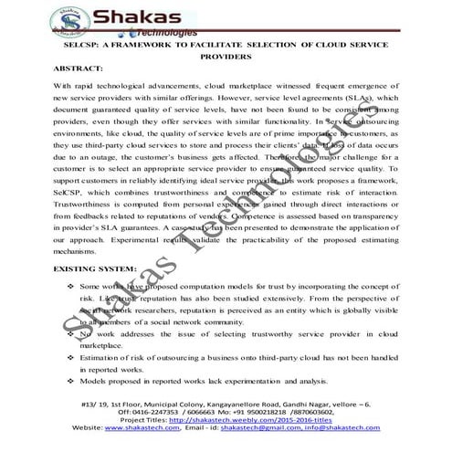 SELCSP: A FRAMEWORK TO FACILITATE SELECTION OF CLOUD SERVICE PROVIDERS ...