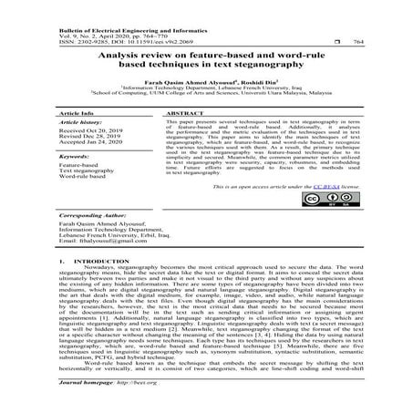 Analysis review on feature-based and word-rule based techniques in text steganography | PDF