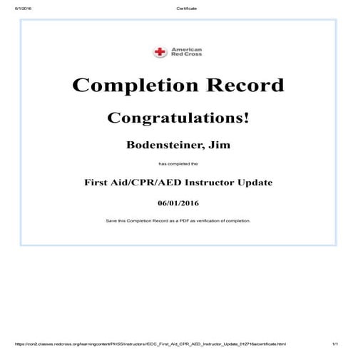 Certificate- Jim 6-1-2016 Red Cross Instructor | PDF