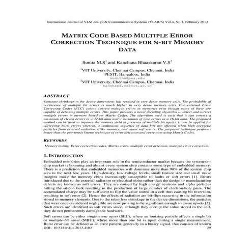 Matrix Code Based Multiple Error Correction Technique For N Bit Memory Data Pdf