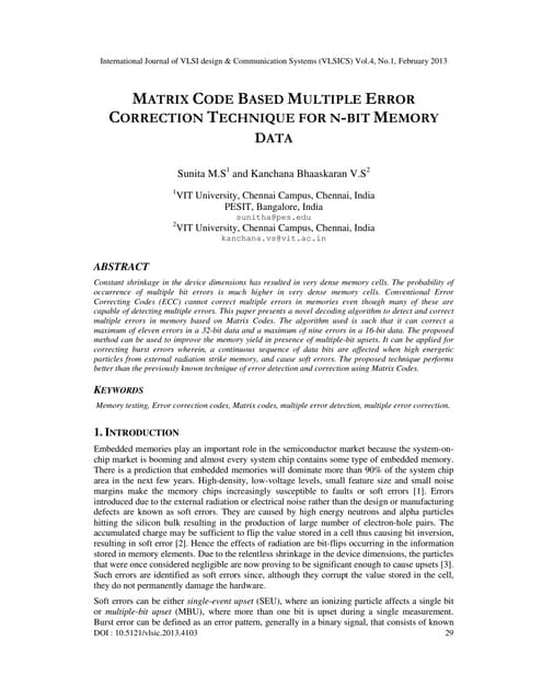 Matrix Code Based Multiple Error Correction Technique For N Bit Memory Data Pdf