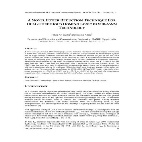 A NOVEL POWER REDUCTION TECHNIQUE FOR DUAL-THRESHOLD DOMINO LOGIC IN SUB-65NM TECHNOLOGY | PDF