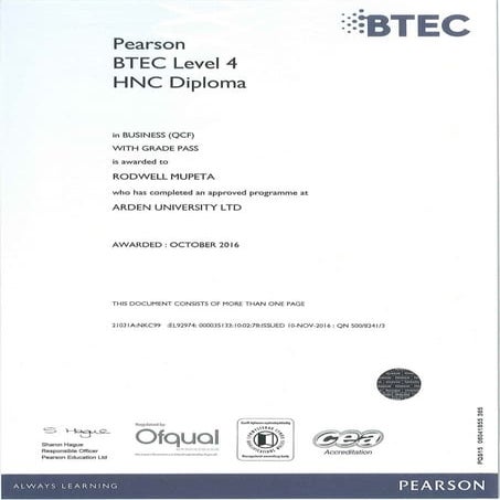 BTEC level 4 HNC DIPLOMA in Business | PDF