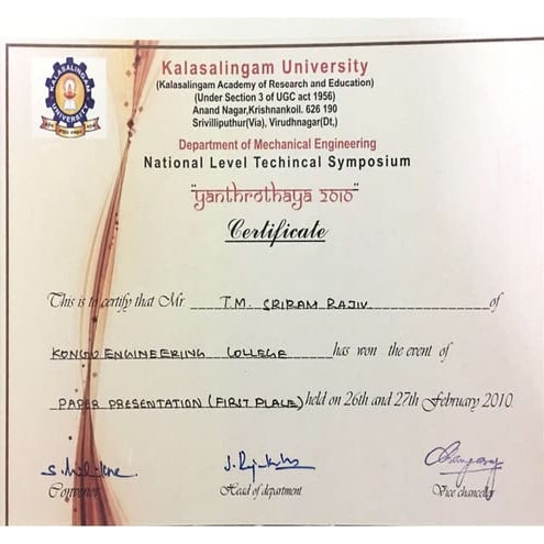 Kalasalingam University Paper Presentation Certificate | PDF