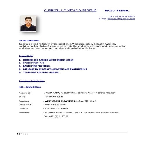 CV_VISHNU BAIJU_HSE OFFICER | PDF | Human Resources | Business