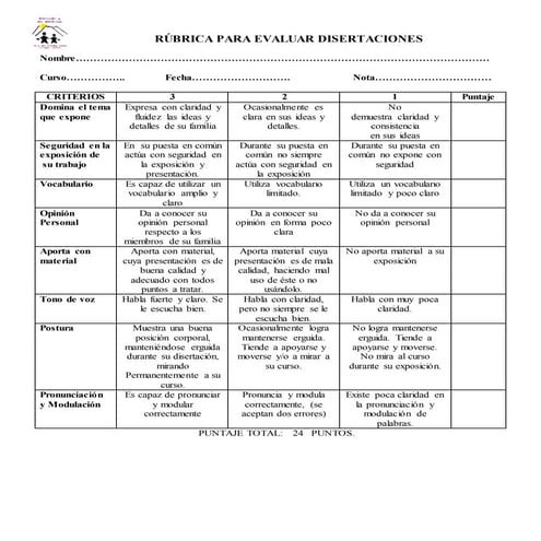 Rúbrica para evaluar la presentación oral | DOCX