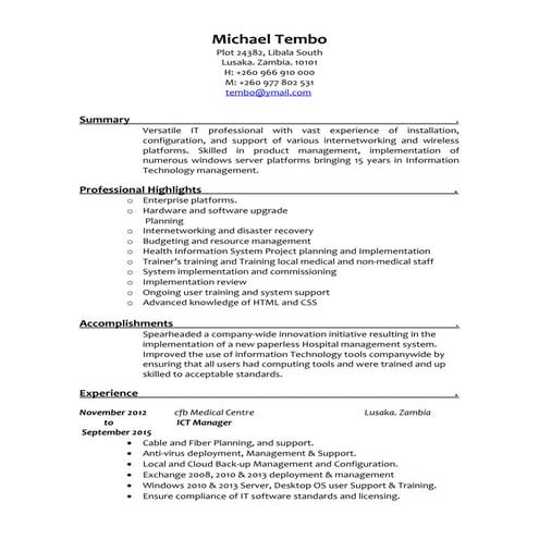 Resume Tembo Michael | PDF