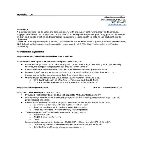 Detailed Resume (Dave Girod) | DOCX | Sales | Business