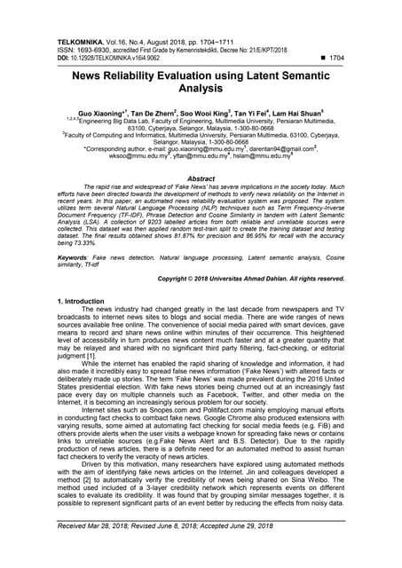 News Reliability Evaluation Using Latent Semantic Analysis Pdf