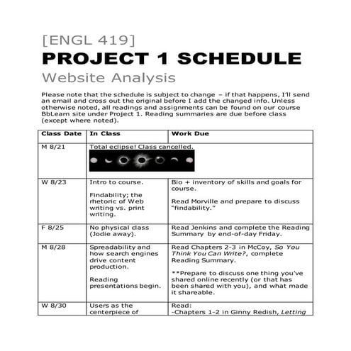 ENGL 419 Project 1 Schedule | DOCX