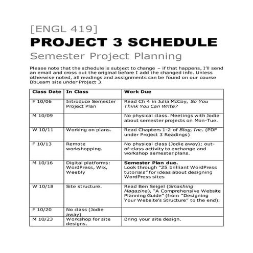 ENGL 419 Project 3, Semester Project Planning | DOCX