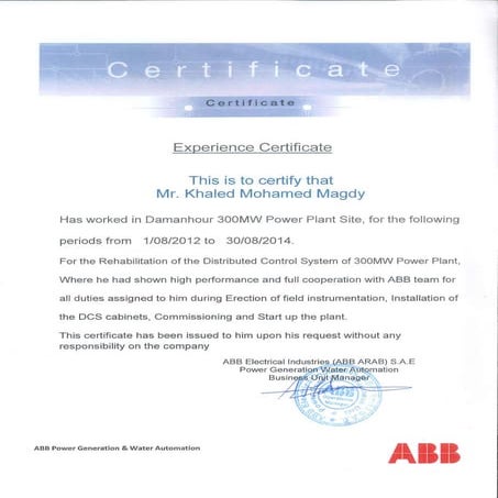 Experience Certificate for Khaled Mohamed Magdy | PDF