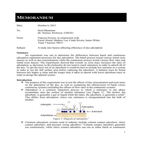 Experiment A- Dye Adsorption Technical Memo | PDF