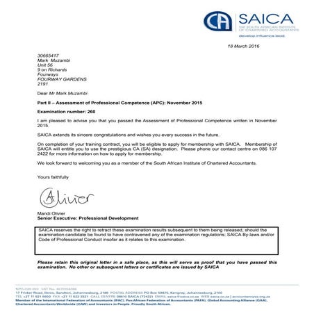 APC Confirmation letter of Mark Muzambi | PDF