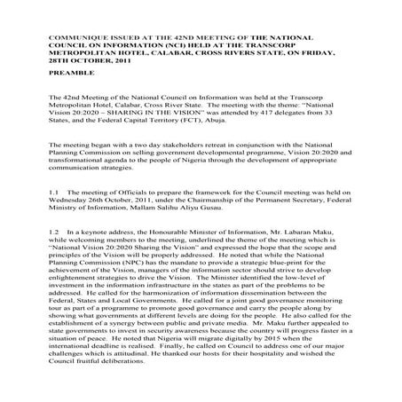 Communique issued at the 42nd Meeting of the National Council On ...