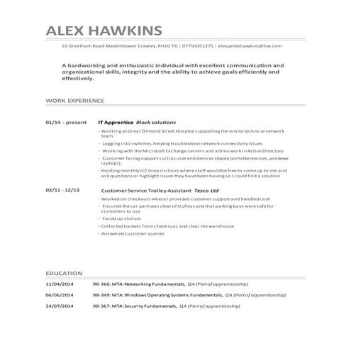 Alex Hawkins CV | PDF
