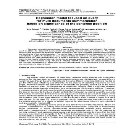 Regression Model Focused On Query For Multi Documents Summarization Based On Significance Of The