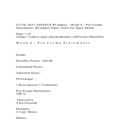 4220, 8(51 AMAPUS RCampus - Week 6 - Pro Forma Statements R.docx