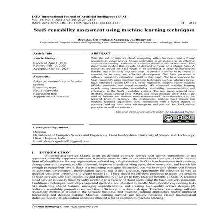 Saas Reusability Assessment Using Machine Learning Techniques Pdf