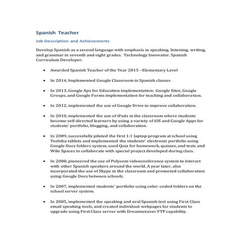 Spanish Teacher- Job Description and Achievements | PDF