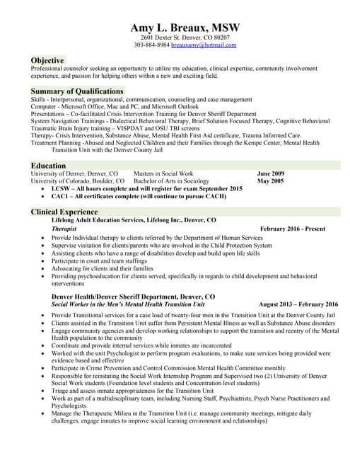 Clinical mental health resume with active licensure (LPC) | DOCX ...