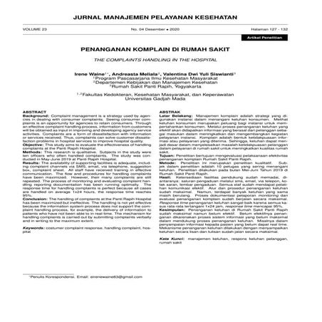 Jurnal Manajemen Pelayanan Kesehatan: Penanganan Komplain di Rumah Sakit | PDF