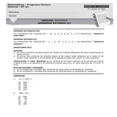 NUMEROS ENTEROS | PDF
