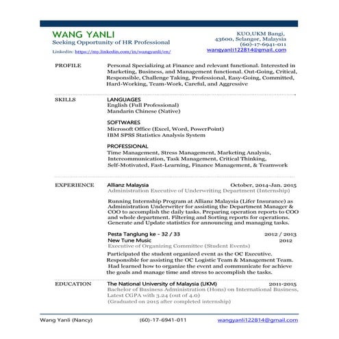 RESUME_WANG YANLI | PDF