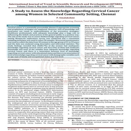 A Study to Assess the Knowledge Regarding Cervical Cancer among Women ...