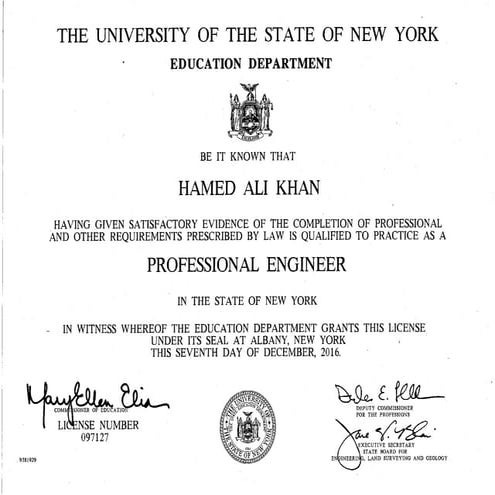 Hamed Khan_NYS_PE License | PDF