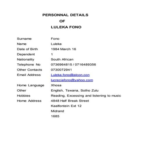 PERSONNAL DETAILS OF LULEKA | PDF