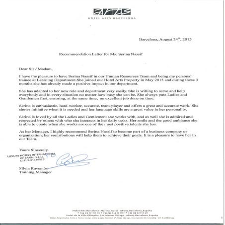 Recommendation letter Hotel Arts | PDF