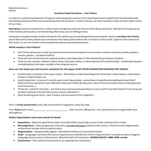 Fan Fiction: Creation Myth Narrative Prompt | DOCX