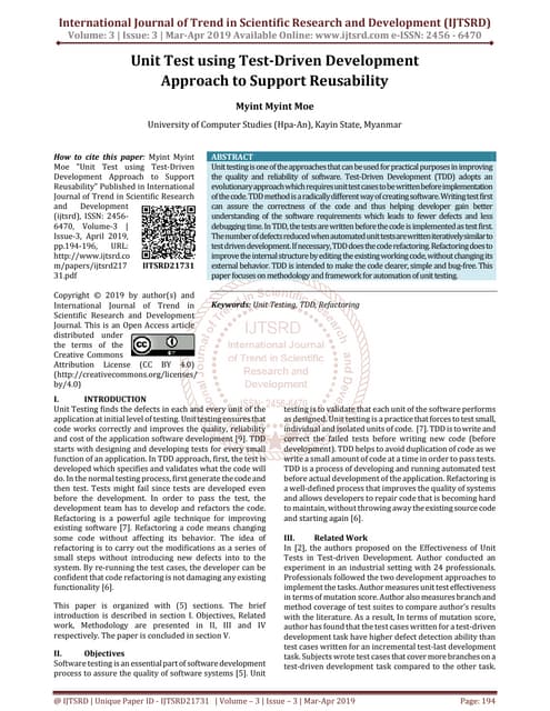 Unit Test Using Test Driven Development Approach To Support Reusability Pdf