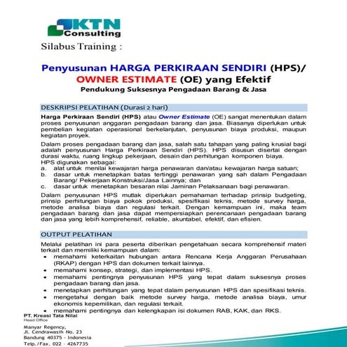 Silabus Training "Penyusunan HARGA PERKIRAAN SENDIRI (HPS)/ OWNER ESTIMATE (OE)") | DOCX