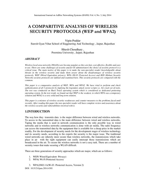 A Comparitive Analysis Of Wireless Security Protocols Wep And Wpa2 Pdf