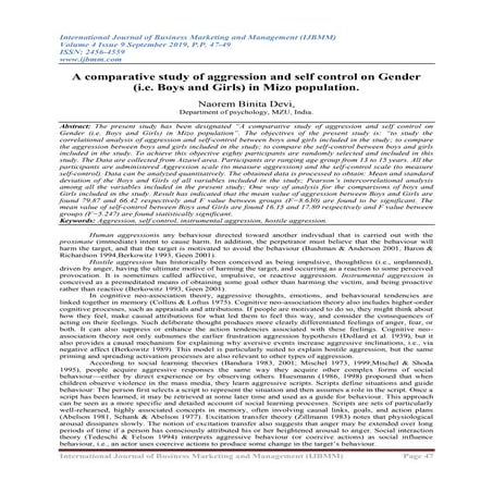 A comparative study of aggression and self control on Gender (i.e. Boys ...