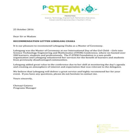 Recommendation Letter Lebo Chaka P Stem | PDF | Education