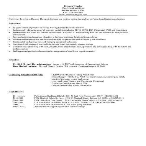 Deb Resume 2016 | DOC | Physical Therapy | Wellness