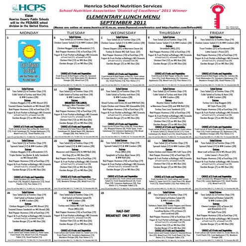 Cafeteria Lunch Menu - October 2011 | PDF